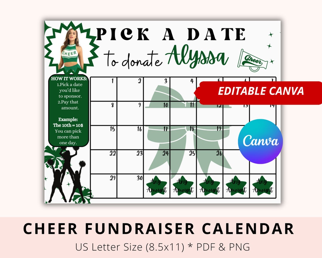 Editable Cheerleading Pick a Date to Donate, Black Out My Board, Pay ...