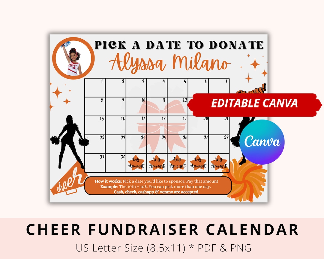 Cheer Fundraiser Calendar, Cheer Pick a Date to Donate, School Fund ...