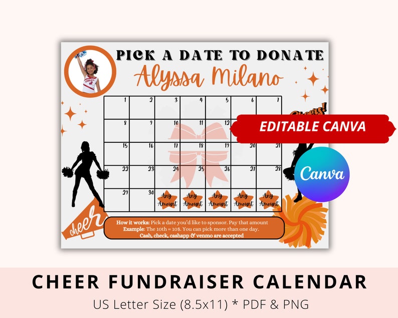 Cheer Fundraiser Calendar, Cheer Pick a Date to Donate, School Fund ...