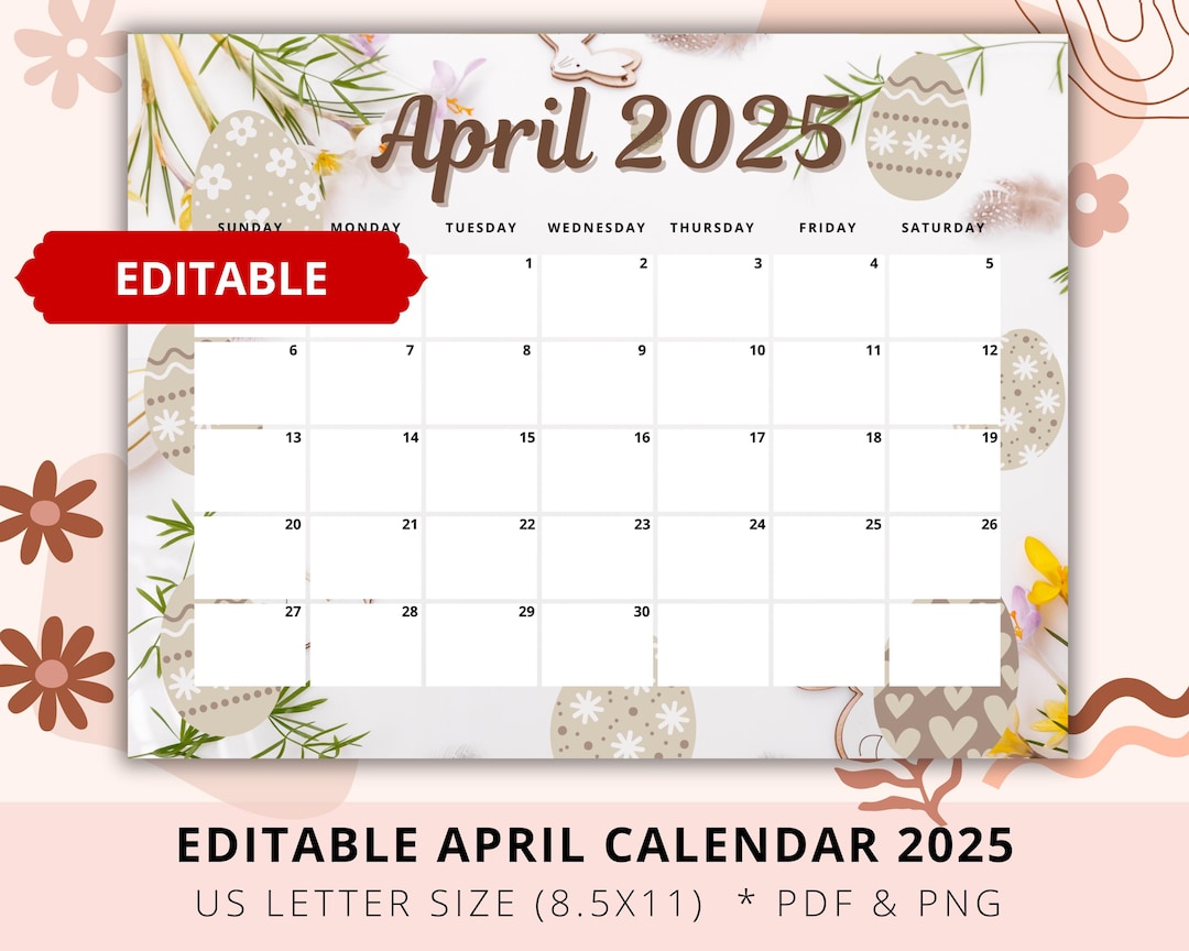 Editable April Calendar 2025, April 2025 Calendar, Easter Planner ...