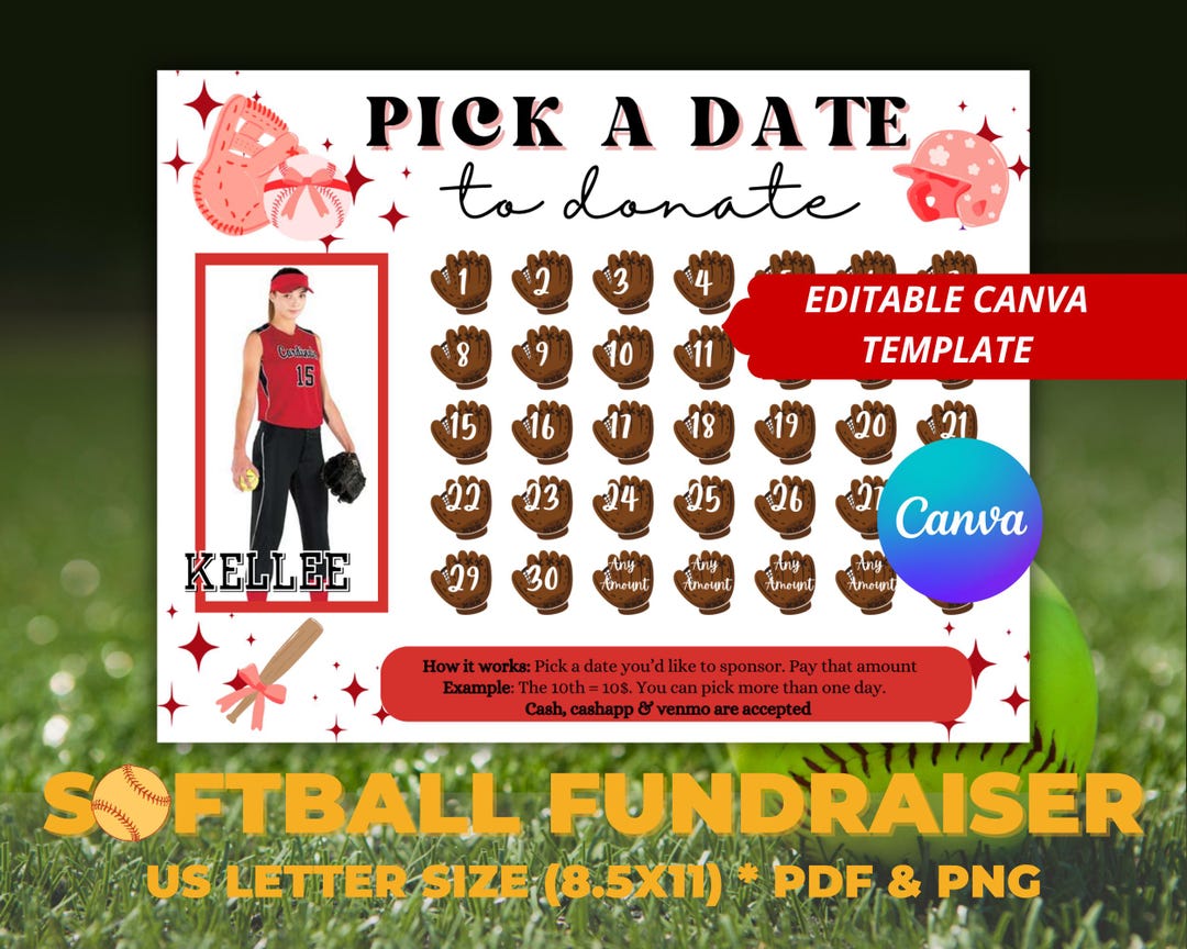 Editable Softball Pick a Date to Donate, Maroon Theme, Softball Black ...
