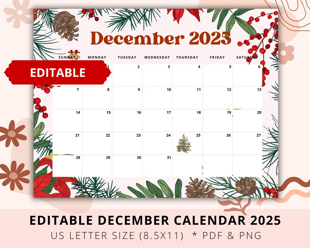 Editable Christmas Calendar 2025, December 2025 Planner, Christmas ...