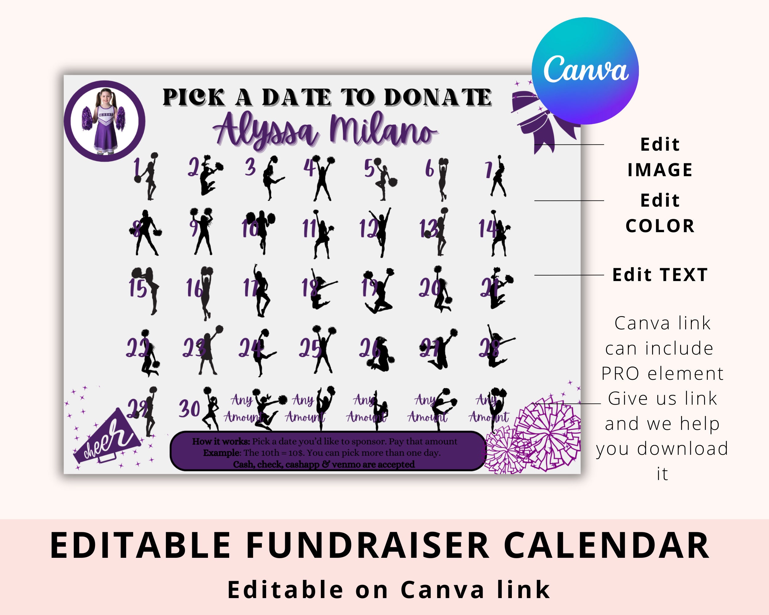 Editable Cheer Pick a Date to Donate, Purple Theme, Fundraising ...
