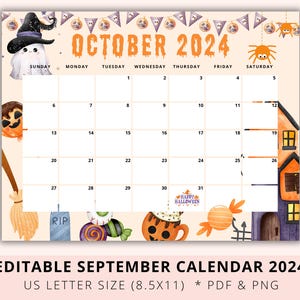 Editable October 2024 Calendar, Halloween 2024 Calendar, Kid Calendar ...