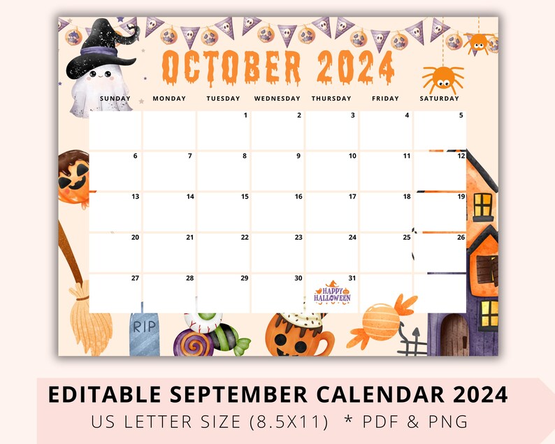 Editable October 2024 Calendar, Halloween 2024 Calendar, Kid Calendar ...