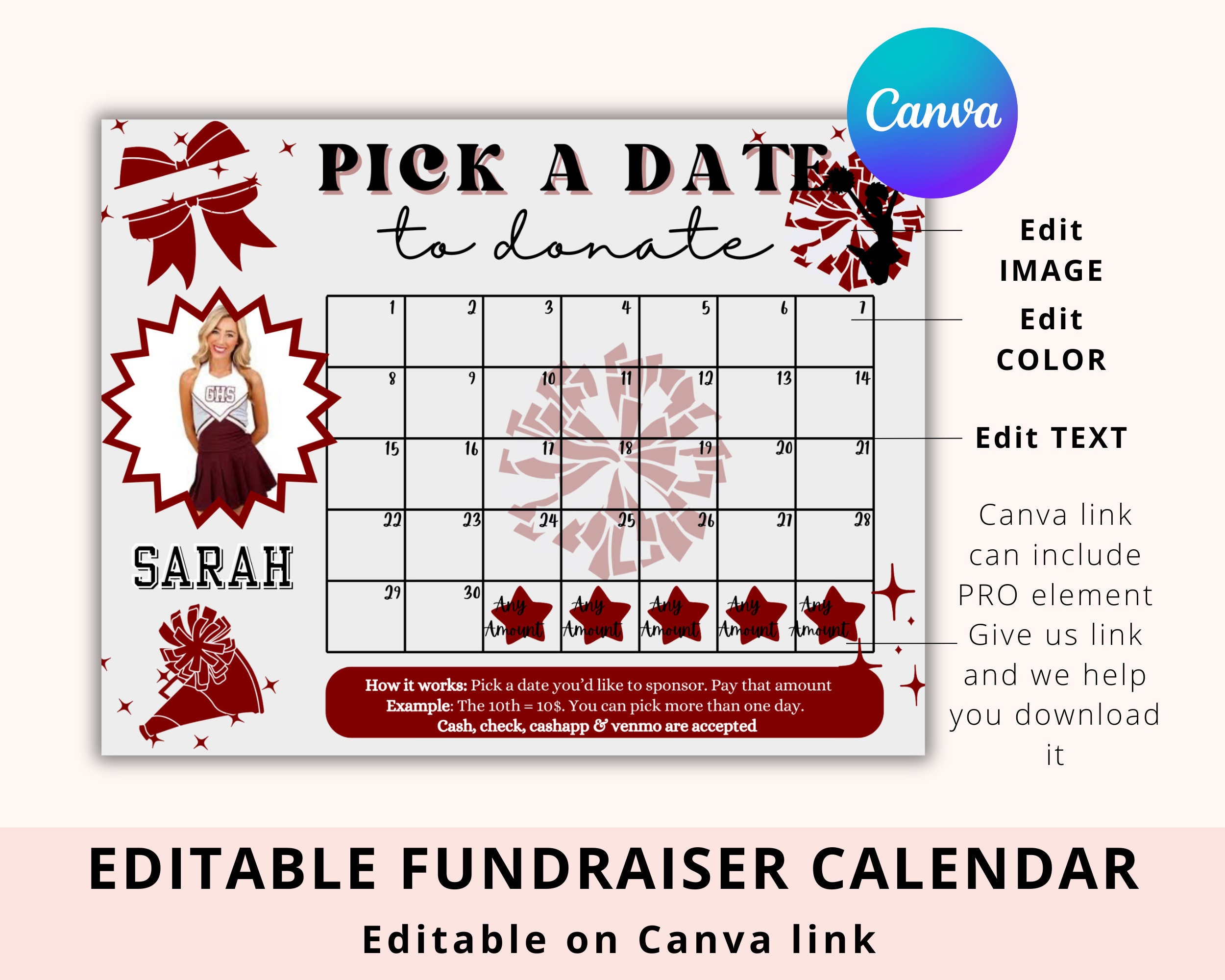 Cheer Pick a Date to Donate, Editable Cheer Fundraiser Calendar, Maroon ...