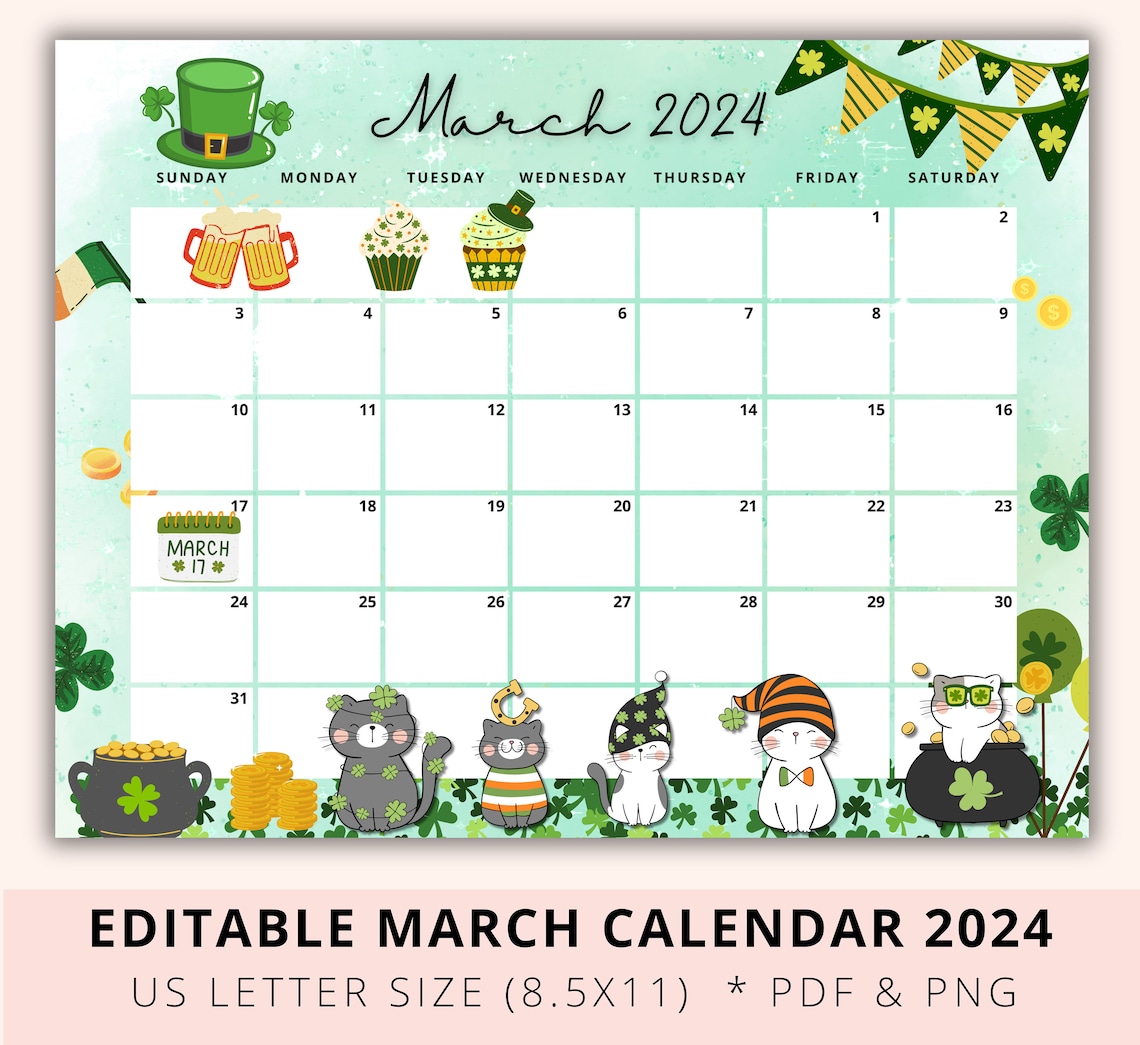 Editable March 2024 Calendar St Patrick Cat Lover (Download Now) - Etsy