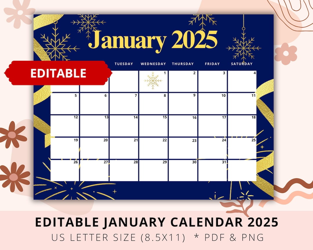 Editable January 2025 Calendar, Monthly Calendar Printable, Holiday ...