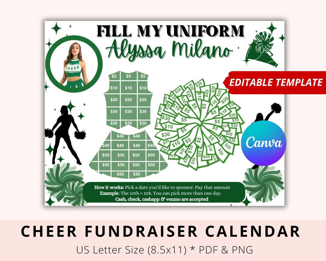 Editable Cheer Pick a Date to Donate, Fill My Pompom, Green Theme ...