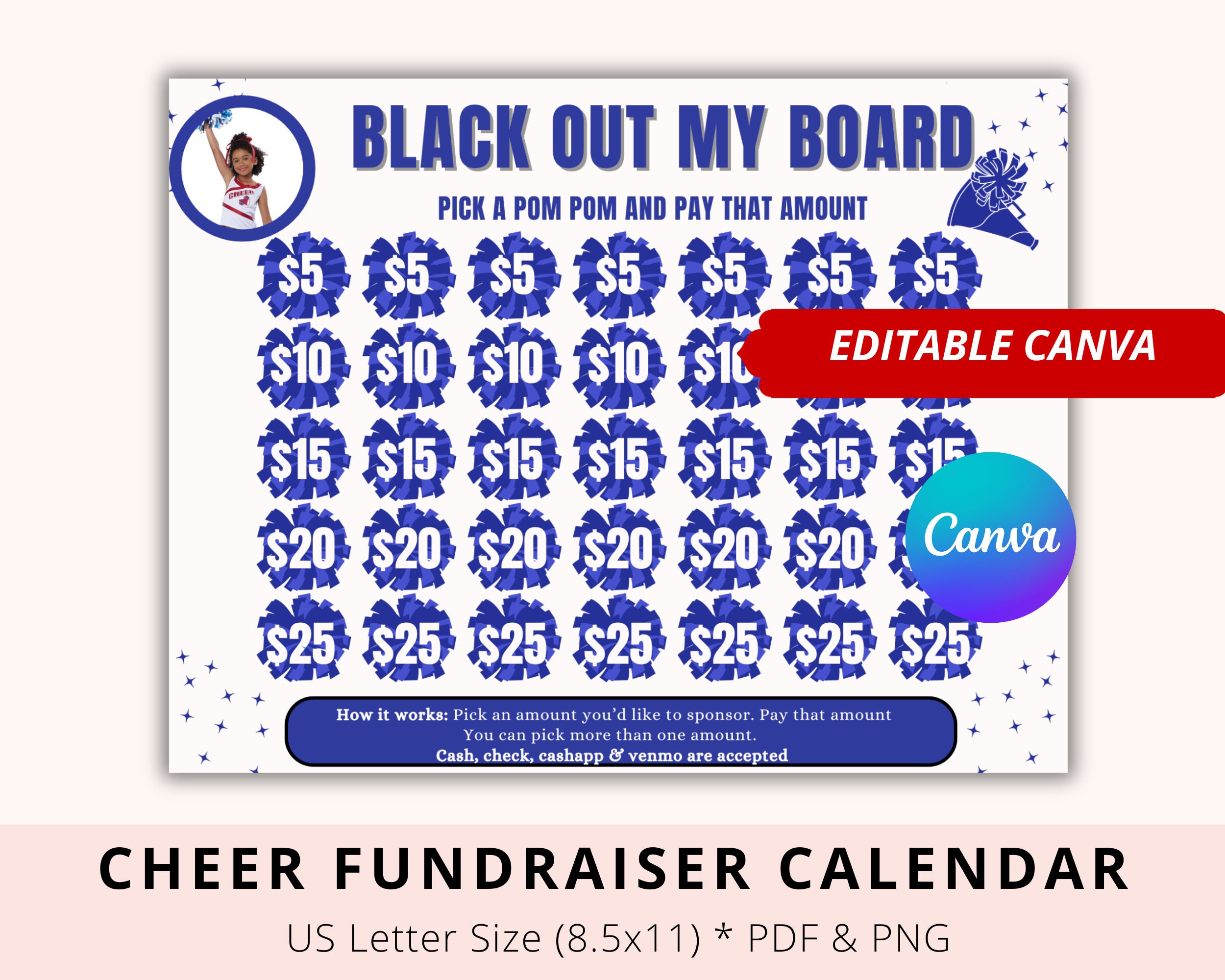 Editable Cheer Fundraiser Calendar, Cheer Pick a Date to Donate, Navy ...