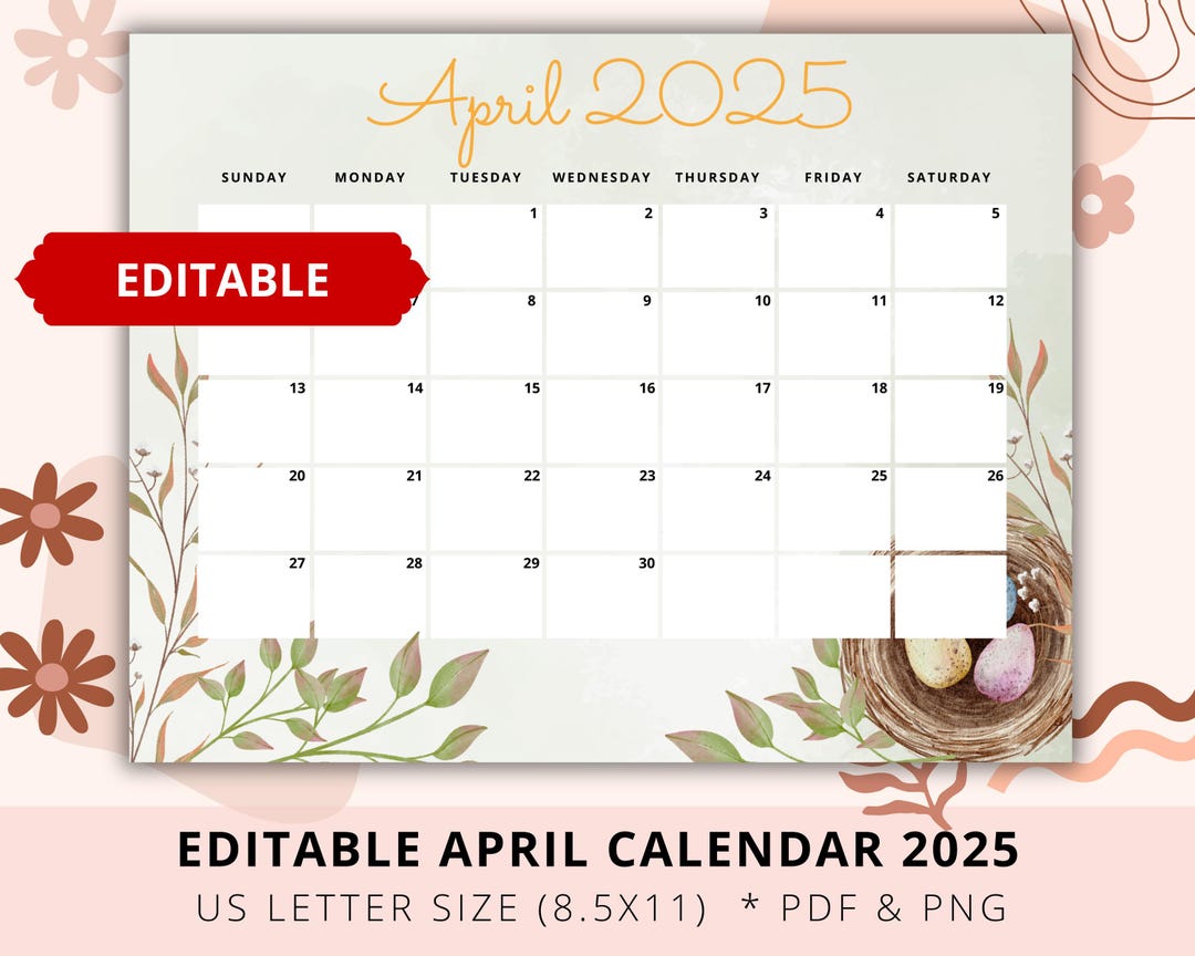 Editable April Calendar 2025, April 2025 Calendar, Easter Planner ...