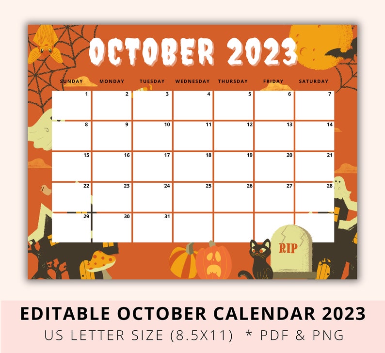 Editable October 2023 Calendar Printable, Ghost Halloween 2023 ...