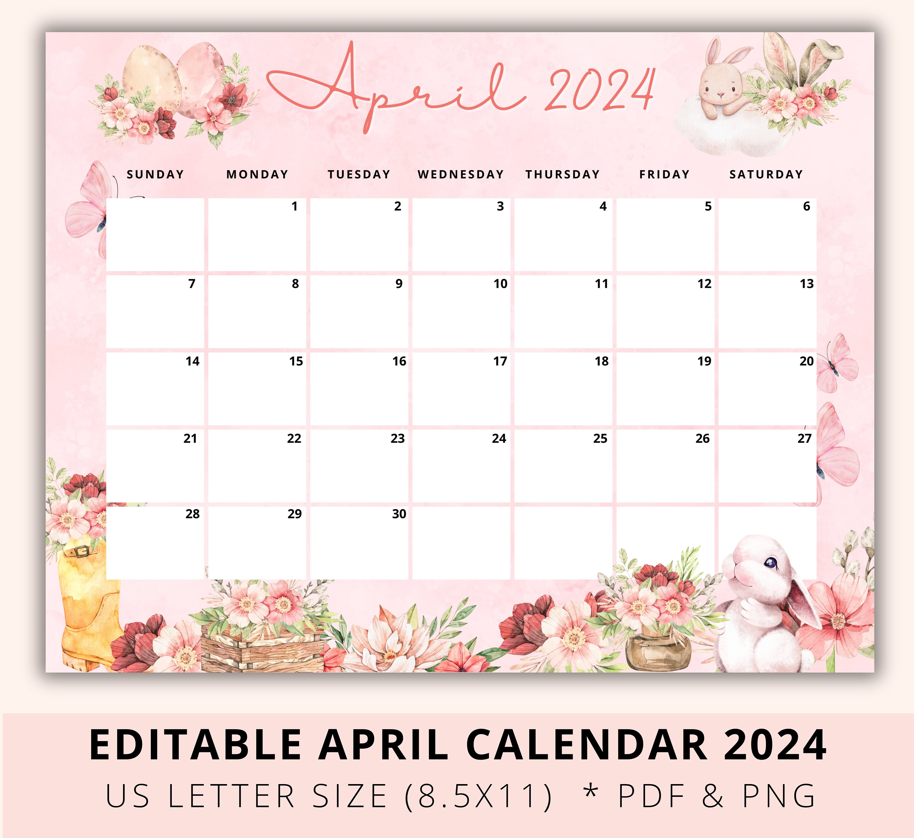 Editable April Calendar 2024, Easter Planner, Pink Cute Rabbit ...