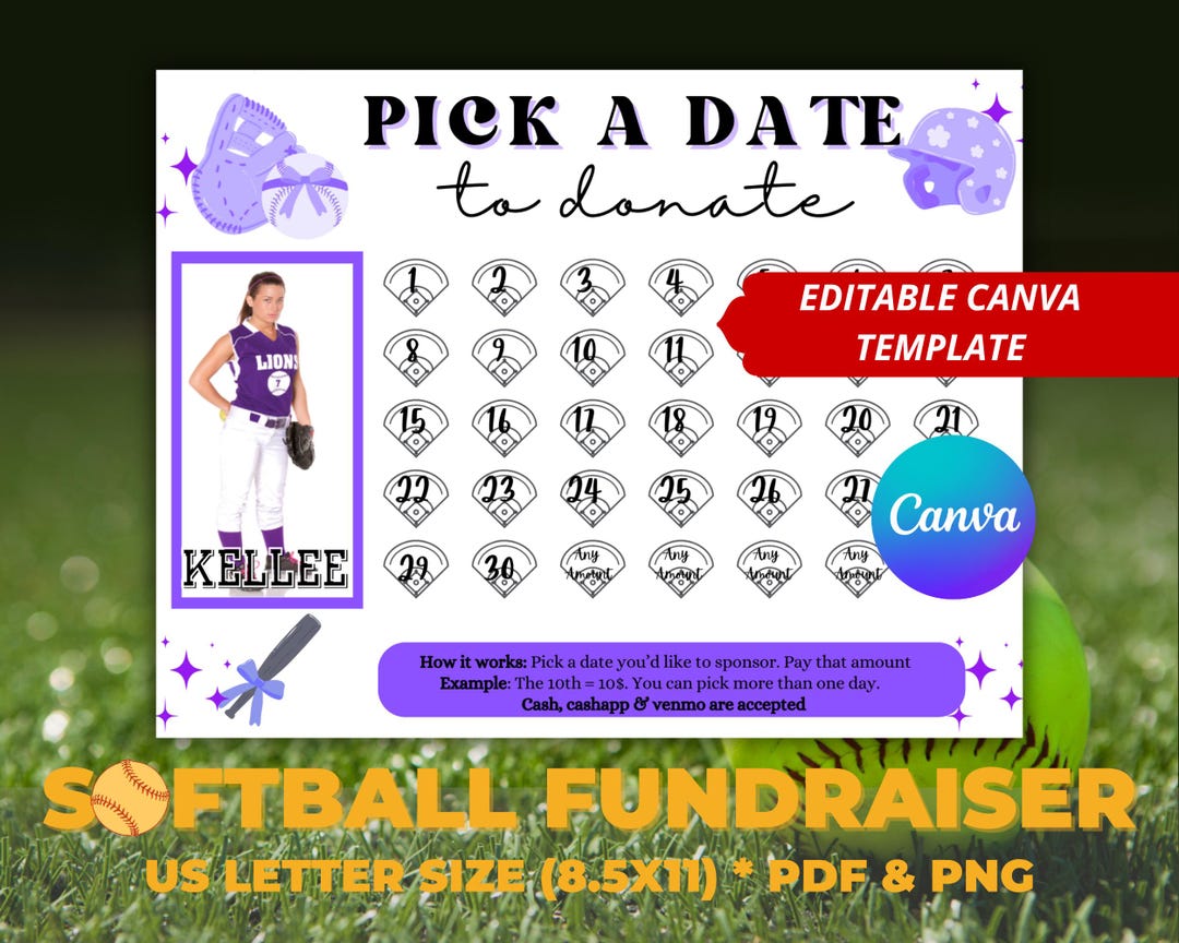 Editable Softball Pick a Date to Donate, Purple, Softball Black Out My ...