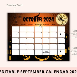 Editable Halloween 2024 Calendar, October 2024 Calendar, Spooky Season ...
