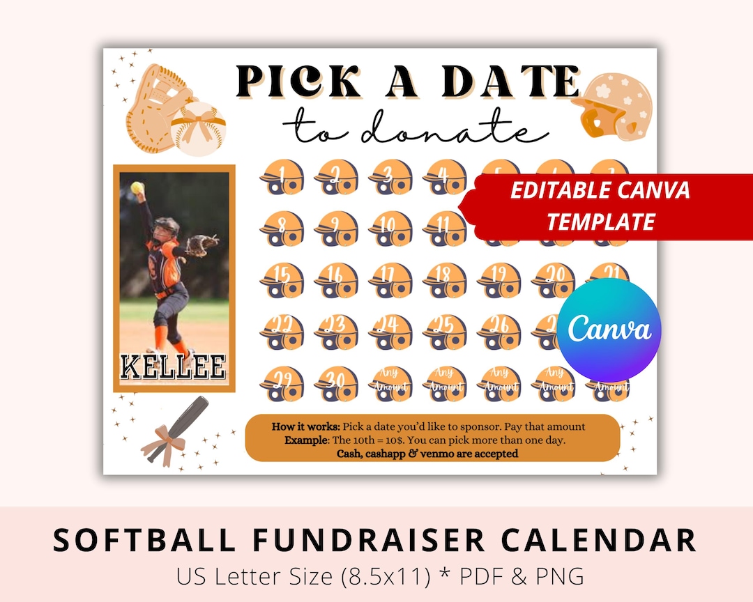 Editable Softball Black Out My Board, Pick a Date to Donate, Orange ...