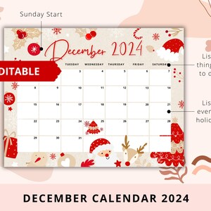 Editable Christmas 2024 Calendar, December 2024 Calendar, Classroom ...