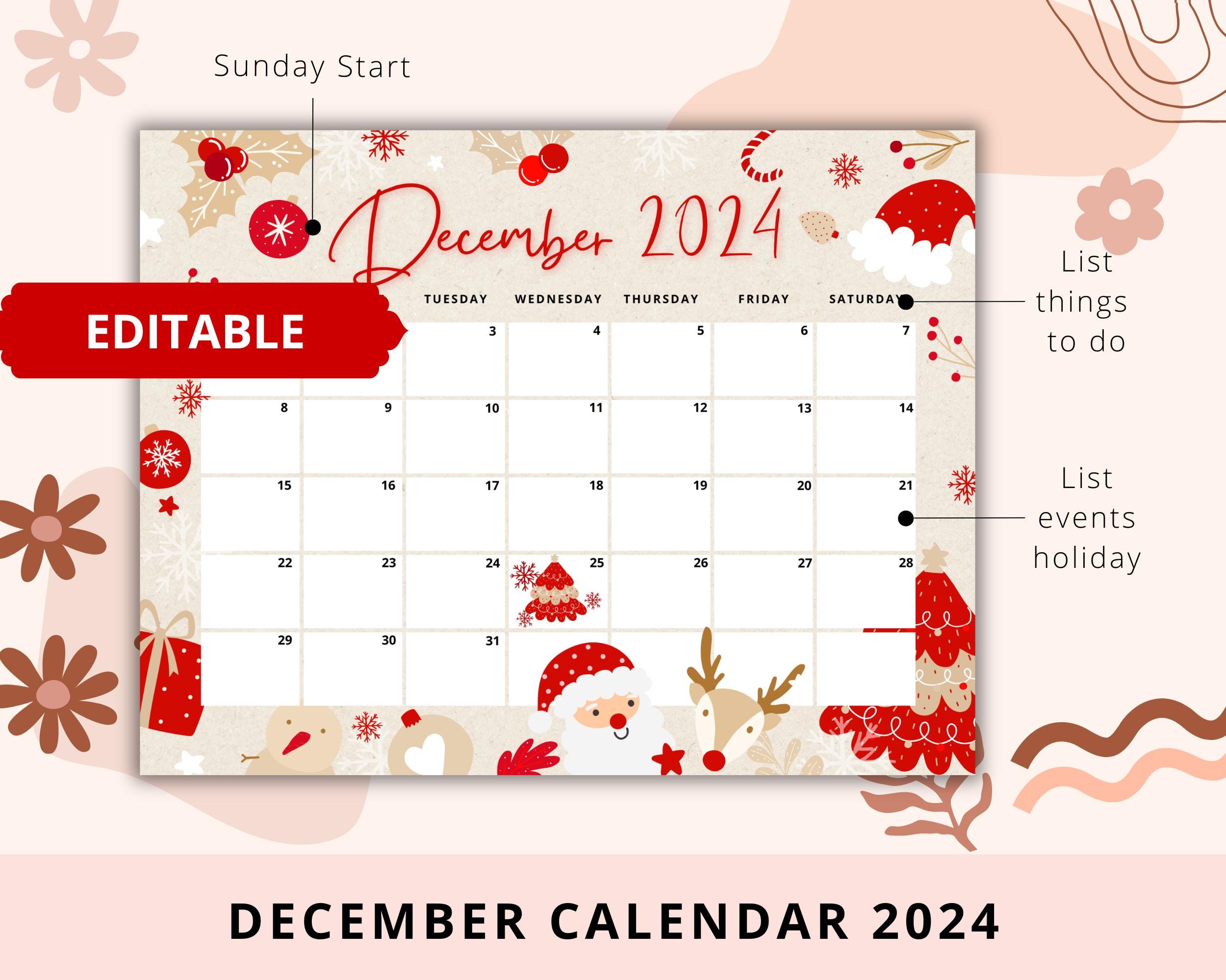 Editable Christmas 2024 Calendar, December 2024 Calendar, Classroom ...