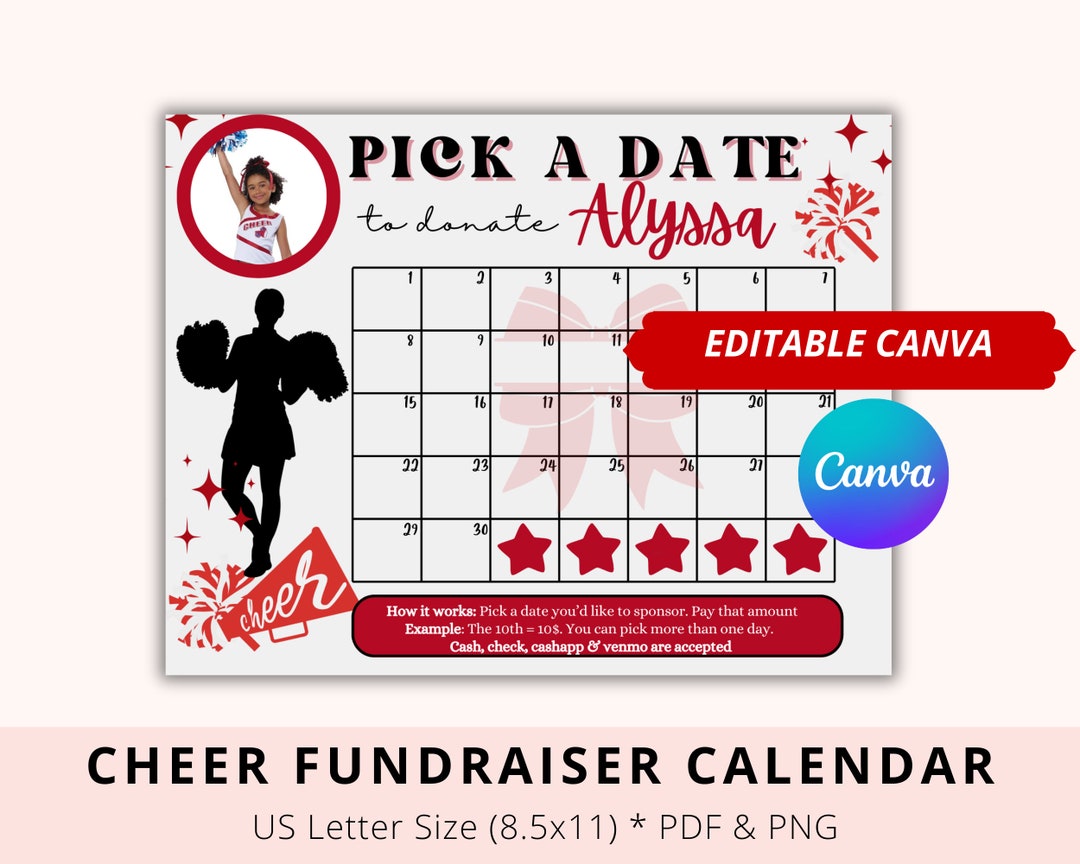 Editable Cheer Pick a Date to Donate, Social Fundraiser Calendar, Canva ...