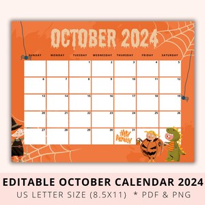 Editable Halloween 2024 Calendar, October 2024 Calendar, Kid Calendar ...