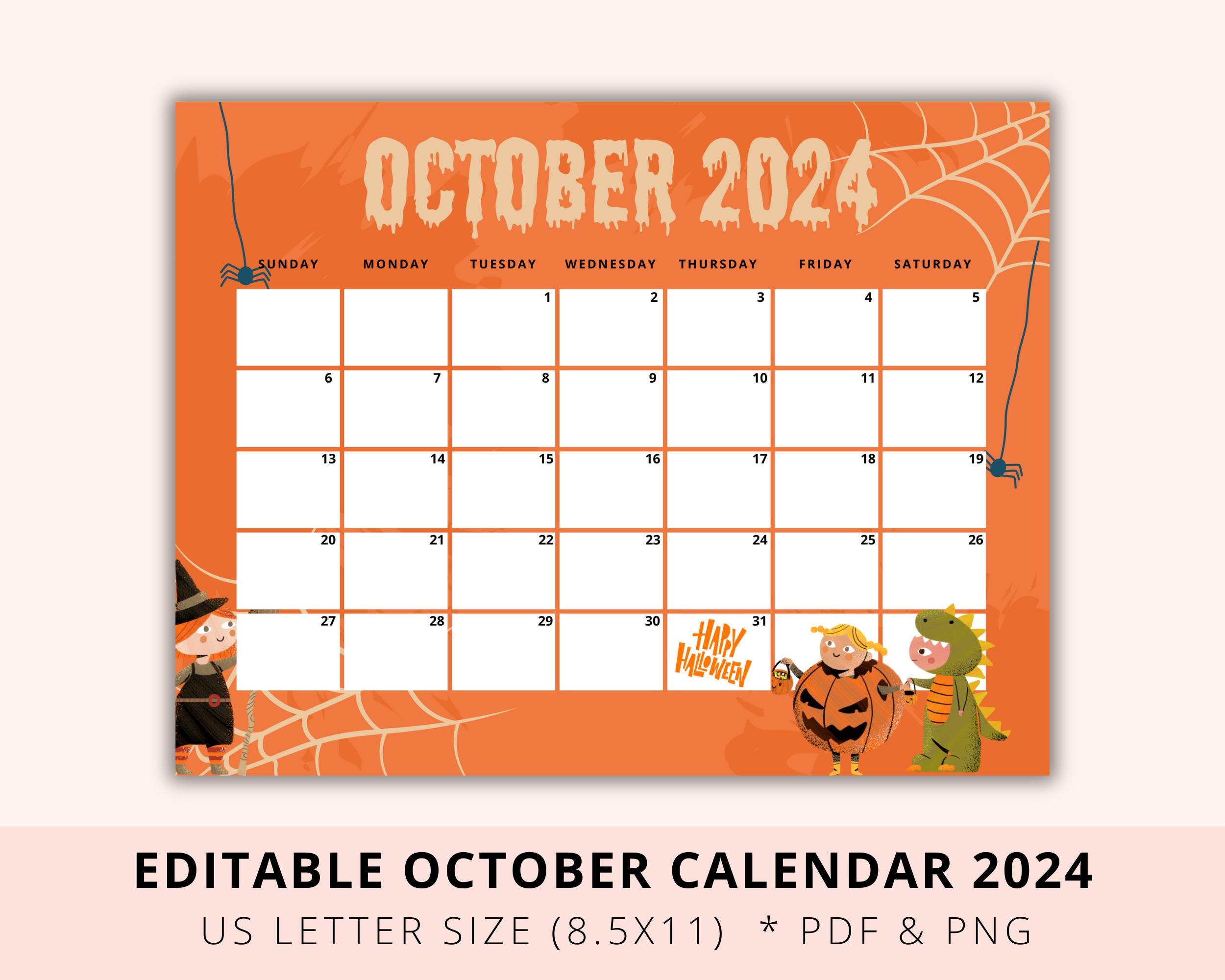 Editable Halloween 2024 Calendar, October 2024 Calendar, Kid Calendar ...