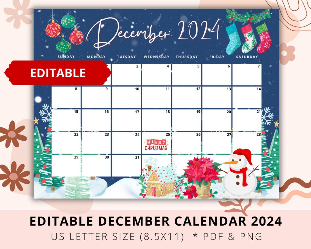 Editable Christmas Calendar 2024 Printable, December 2024, Cat Calendar ...