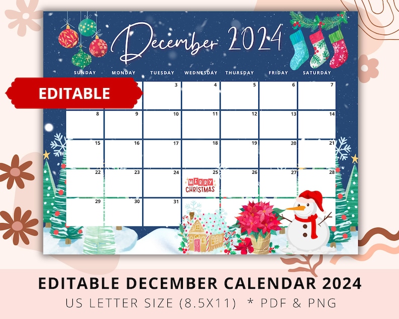 Editable Christmas Calendar 2024 Printable, December 2024, Cat Calendar ...