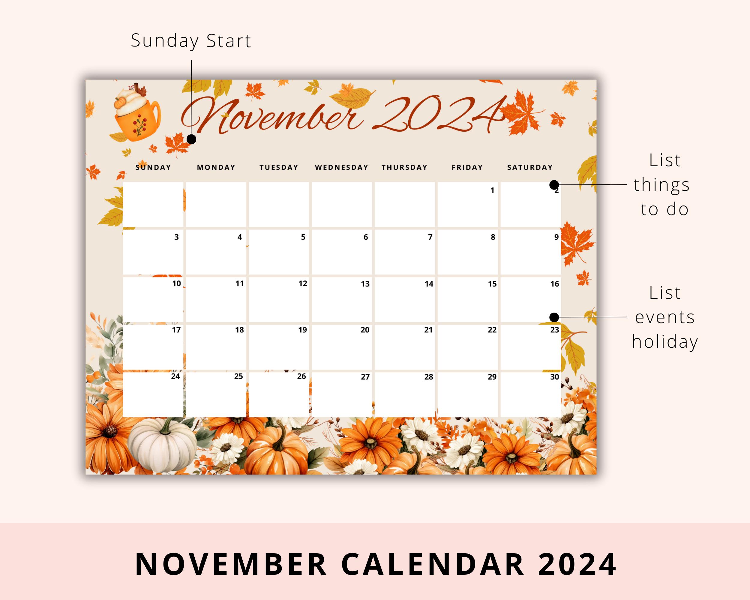 Editable Thanksgiving 2024 Calendar, November 2024 Calendar, Autumn ...