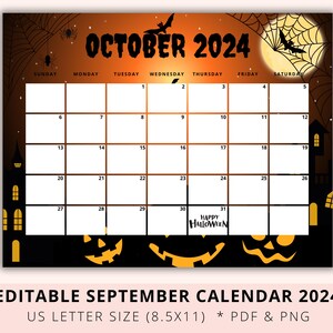 Editable Halloween 2024 Calendar, October 2024 Calendar, Spooky Season ...
