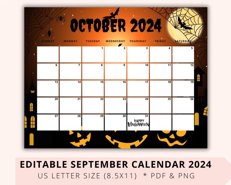 Editable Halloween 2024 Calendar, October 2024 Calendar, Spooky Season ...