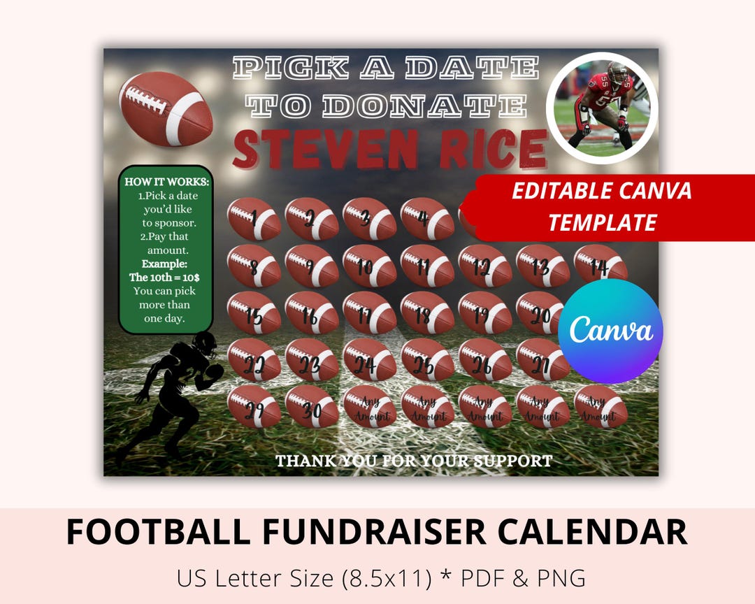 Editable Football Pick a Date to Donate, Help Pay My Jersey, Football ...