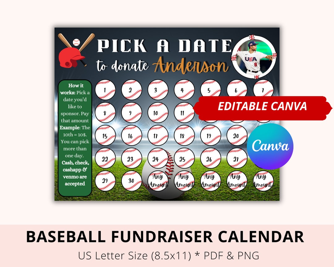 Editable Baseball Black Out My Board, Pick a Date to Donate, Fundraiser ...