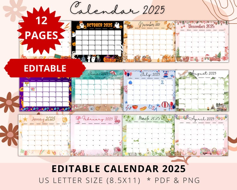 Editable Monthly Calendar 2025, School Calendar, 12 Month, Holiday ...