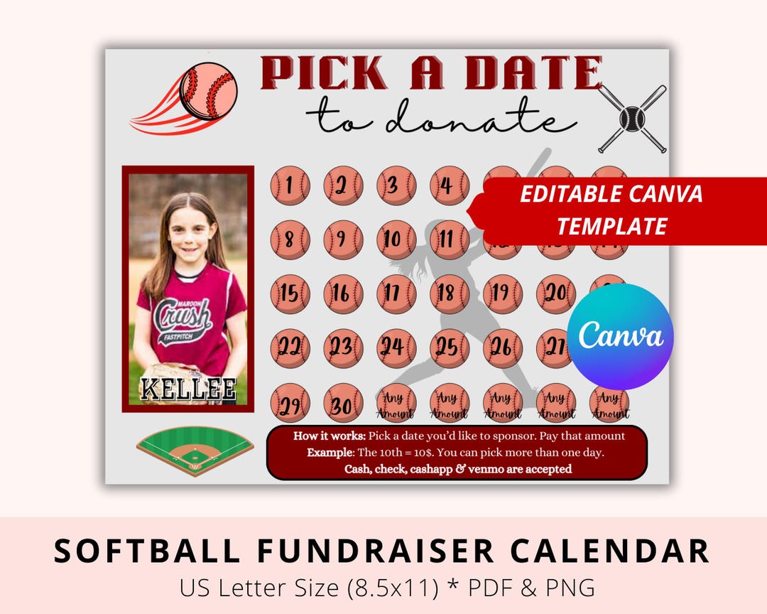 Editable Softball Pick a Date to Donate, Maroon Theme, Softball Black ...
