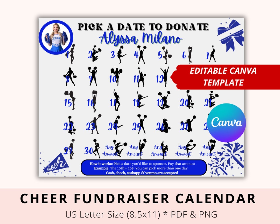 Editable Cheer Fundraiser Calendar, Cheer Pick a Date to Donate, Navy ...