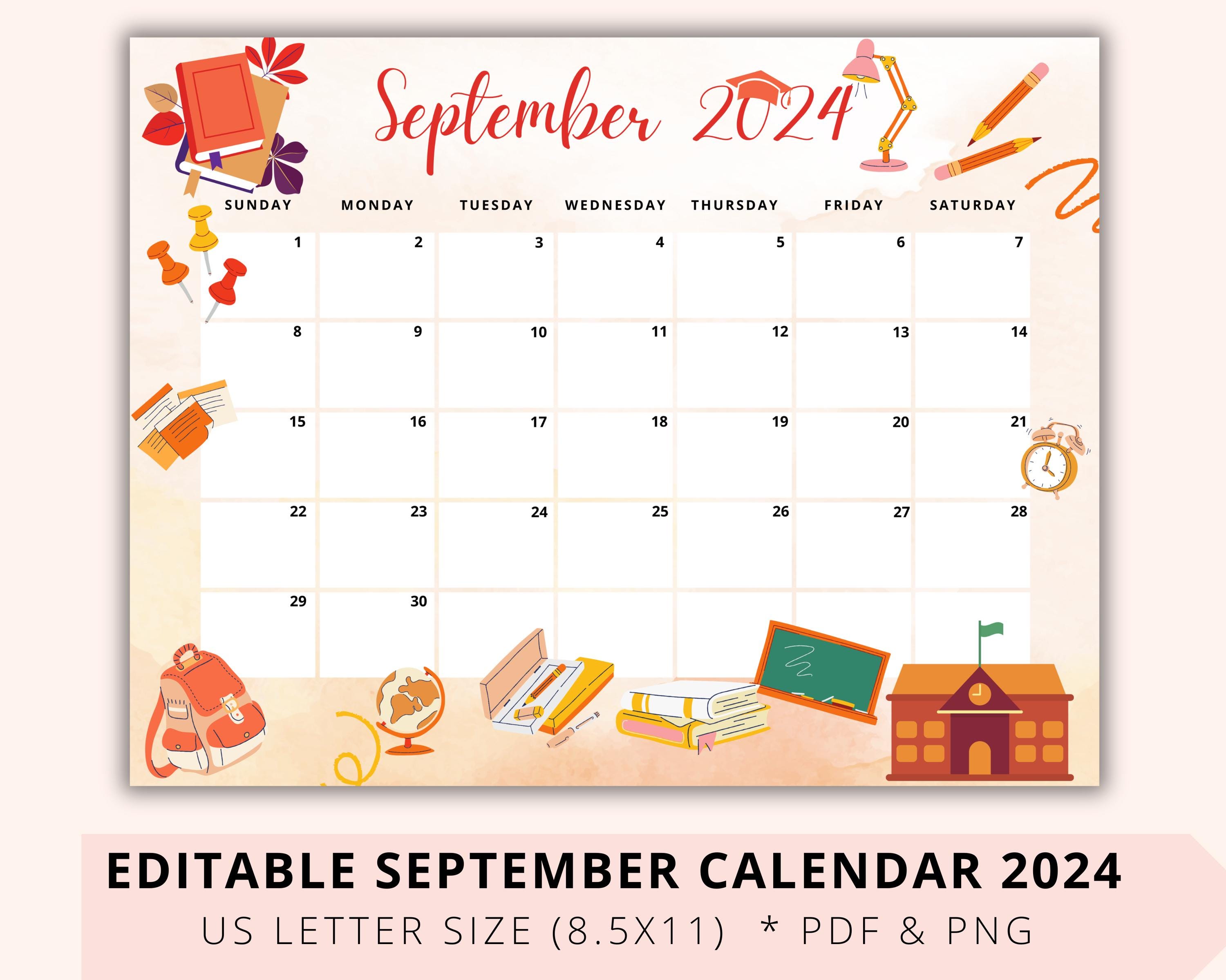 Editable September Calendar 2024, Back to School 2024, Calendar for Kid ...