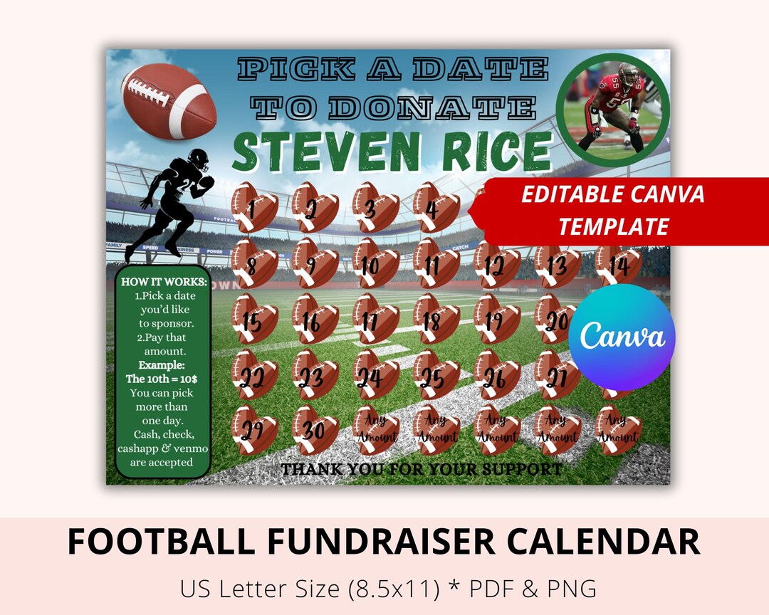 Editable Football Pick a Date to Donate, Football Fundraiser Calendar ...