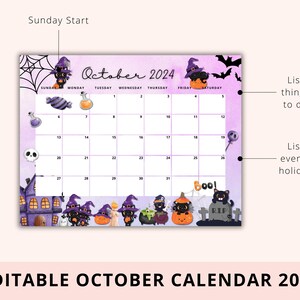 Editable October 2024 Calendar, Halloween 2024 Calendar, Kid Calendar ...