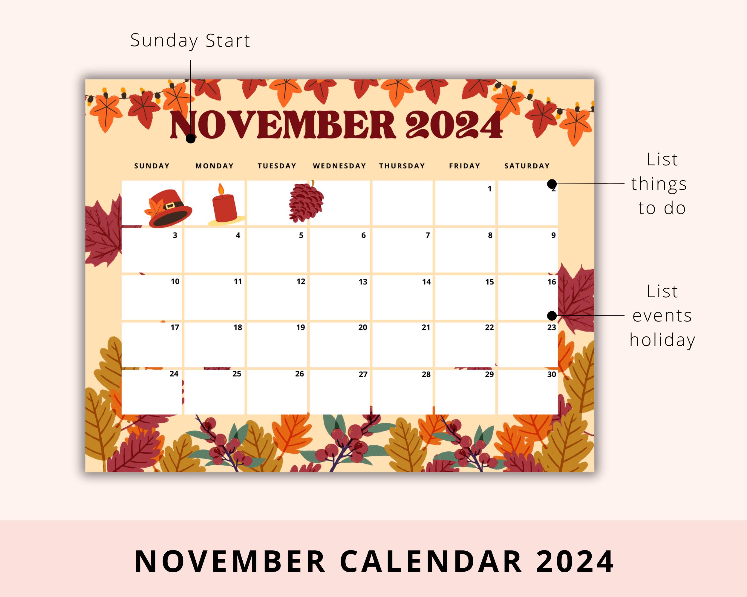 Editable Thanksgiving 2024 Calendar, November 2024 Calendar, Minimalist ...
