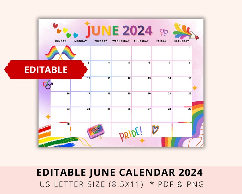 Editable June Calendar 2024, Pride Calendar 2024, Queer Proud, Academic ...