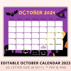 Editable October 2024 Calendar, Halloween 2024 Calendar, Teacher ...