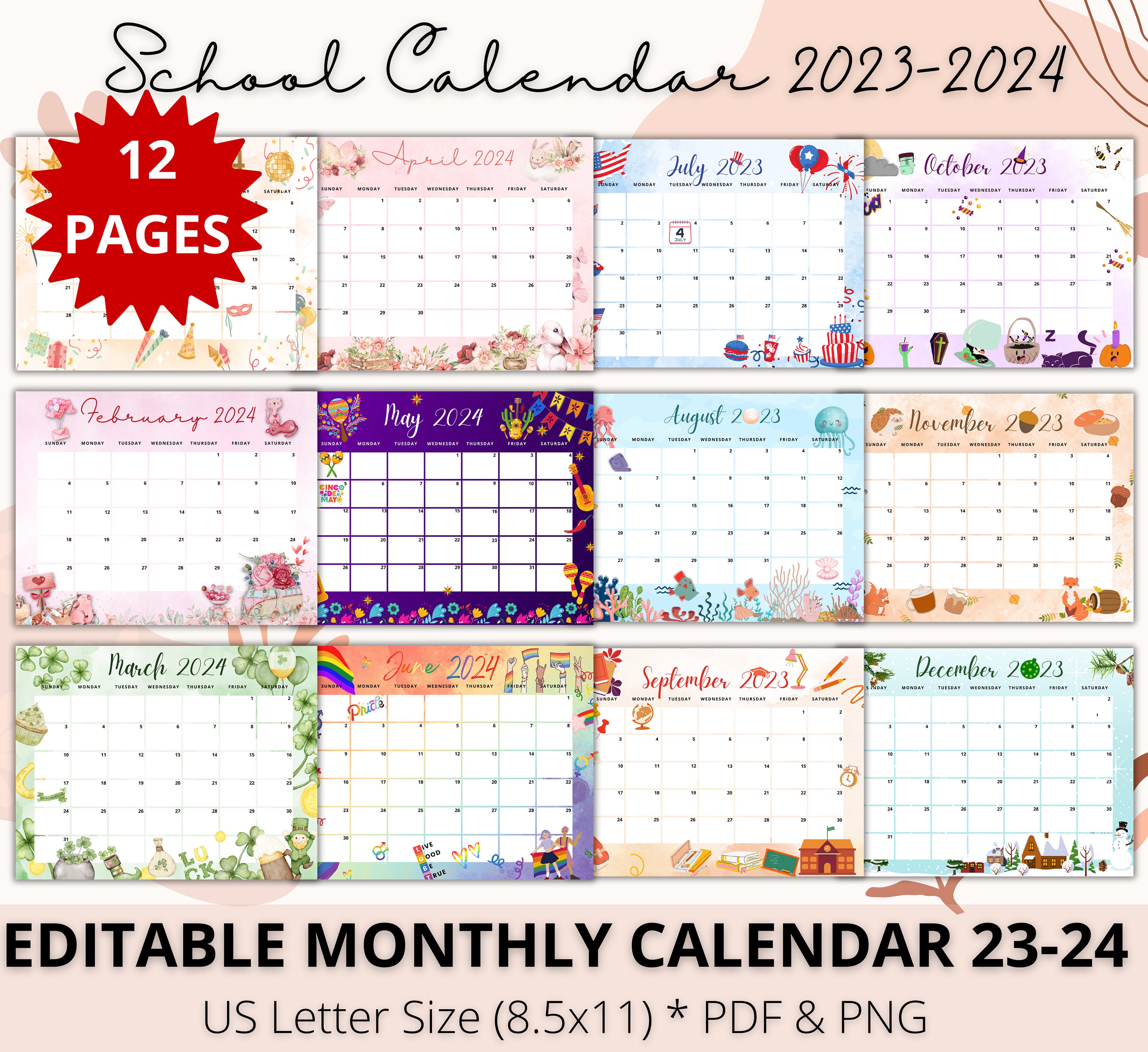 Editable 2023 2024 Calendar Academic Planner 12 Month - Etsy UK