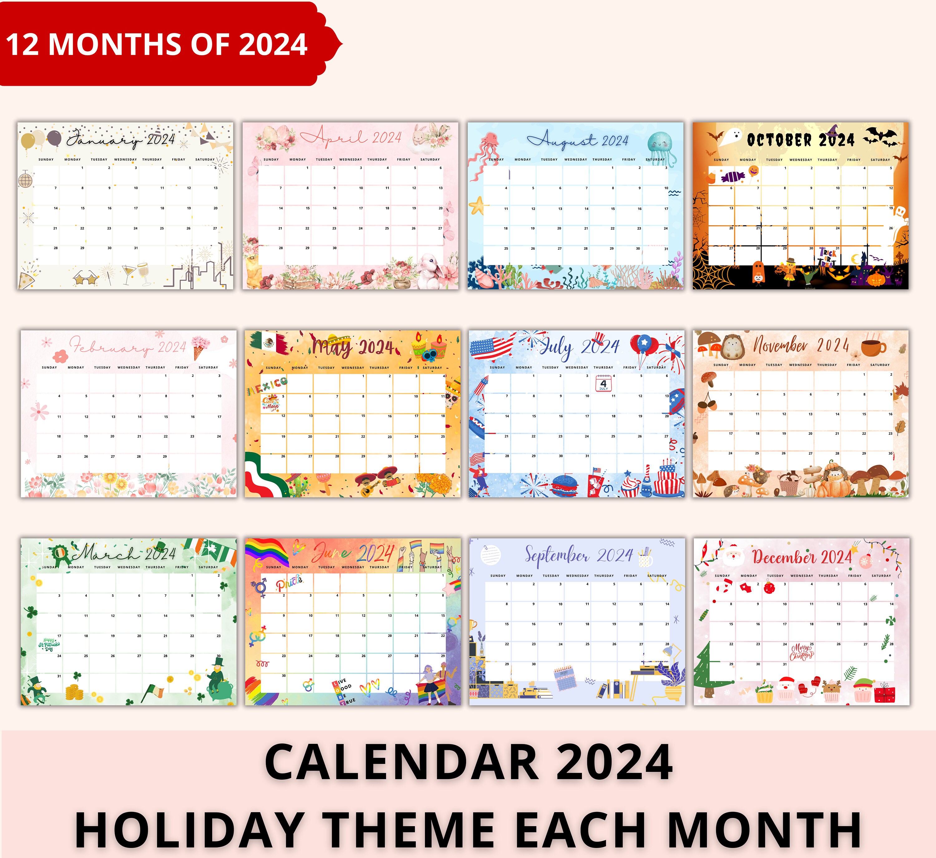 Editable Monthly Calendar 2024, 12 Month, Holiday Calendar, Office ...