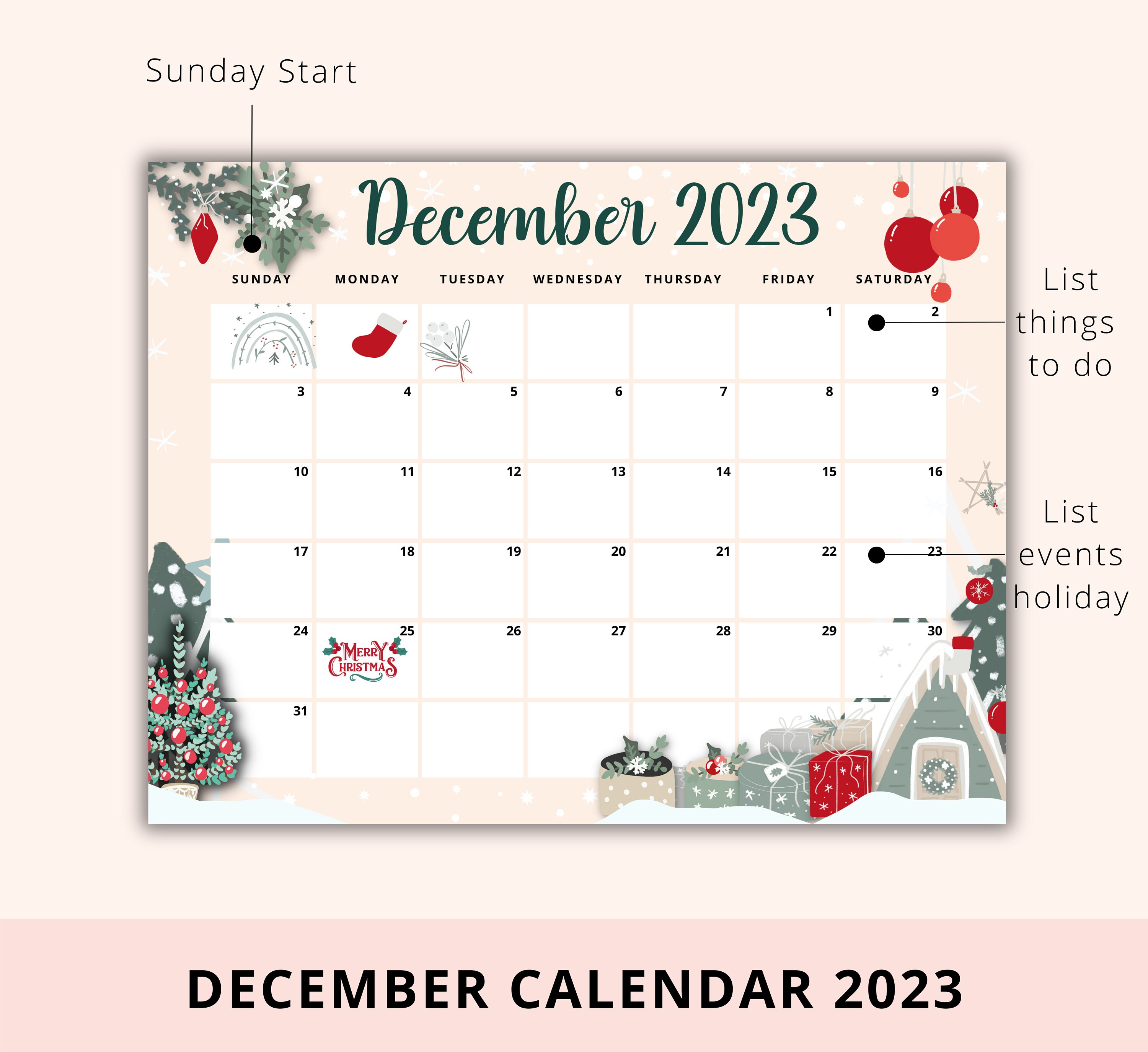 Editable Christmas Calendar 2023, December 2023 Calendar, Green Theme ...