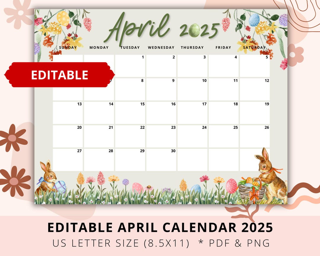 Editable April Calendar 2025, April 2025 Calendar, Easter Planner ...