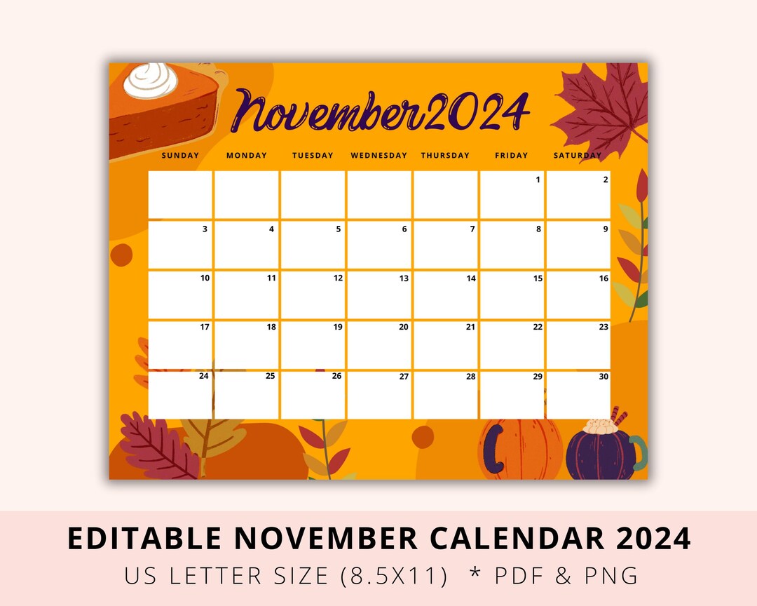 Editable Thanksgiving 2024 Calendar, November 2024 Calendar, Academic ...