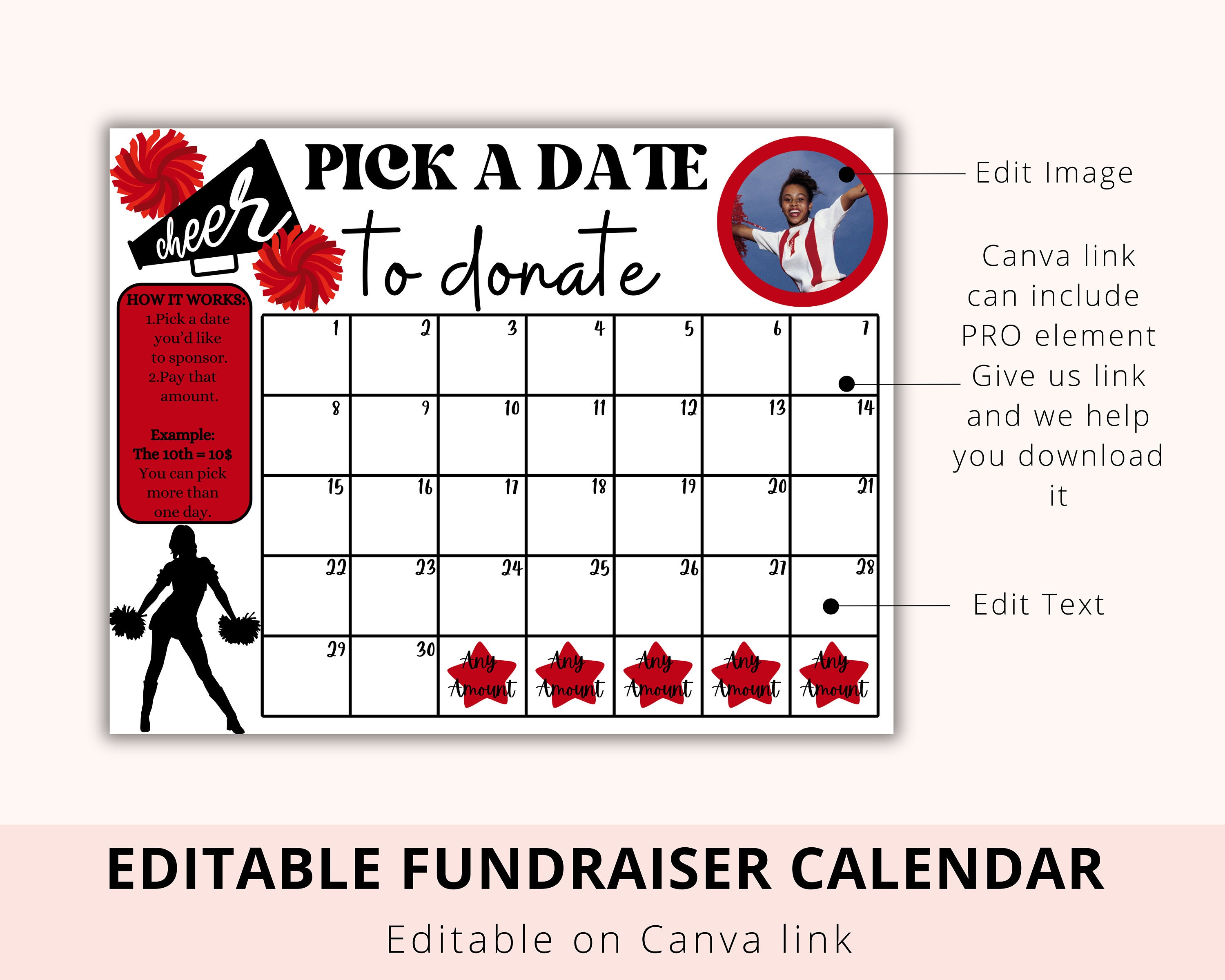Cheer Pick a Date to Donate, Fundraiser Calendar, Editable Canva, Pay ...