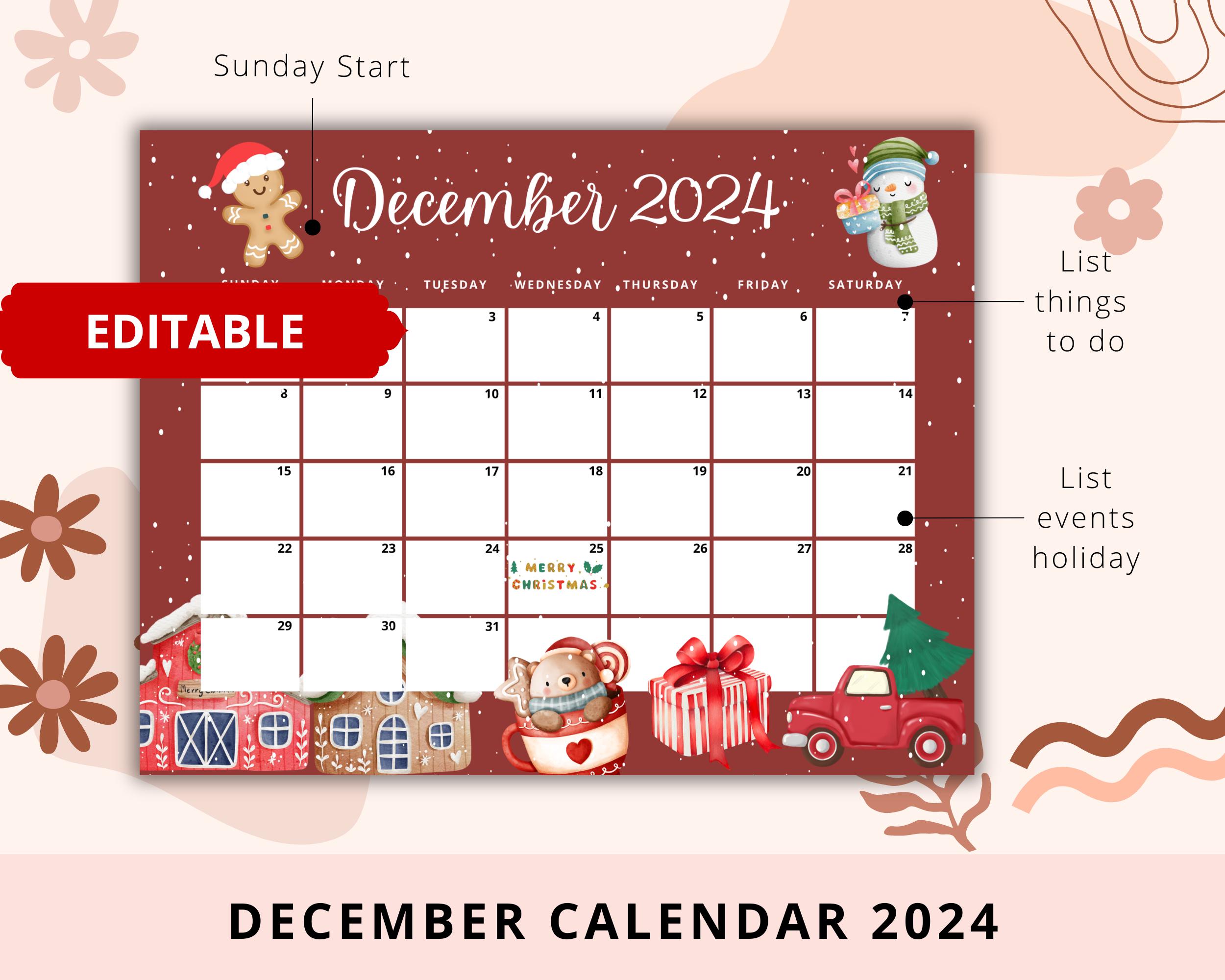 Editable Christmas Calendar 2024, December 2024 Planner, Christmas ...