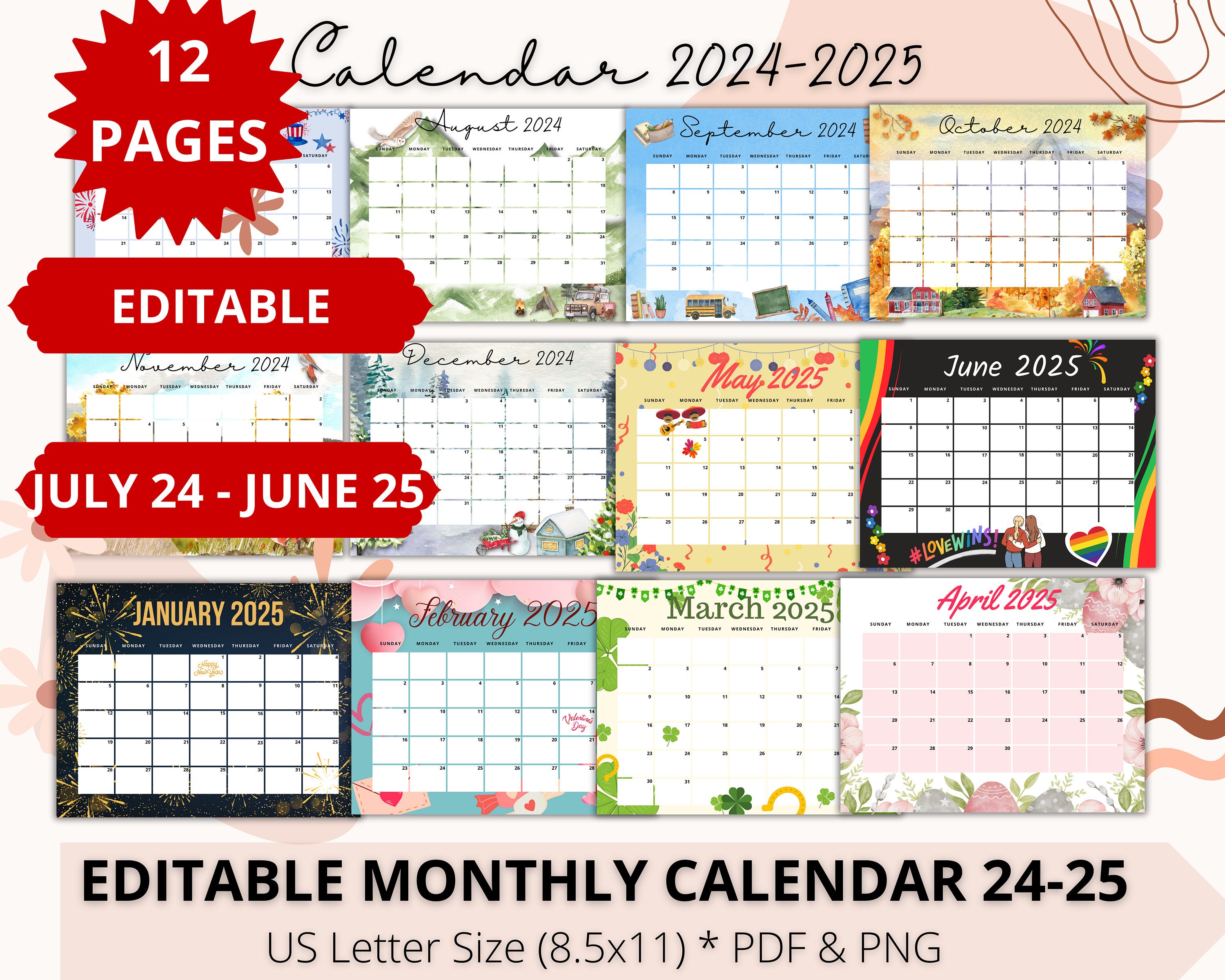 Editable Calendar 2024 2025, Back to School, Holiday Calendar, Kid ...
