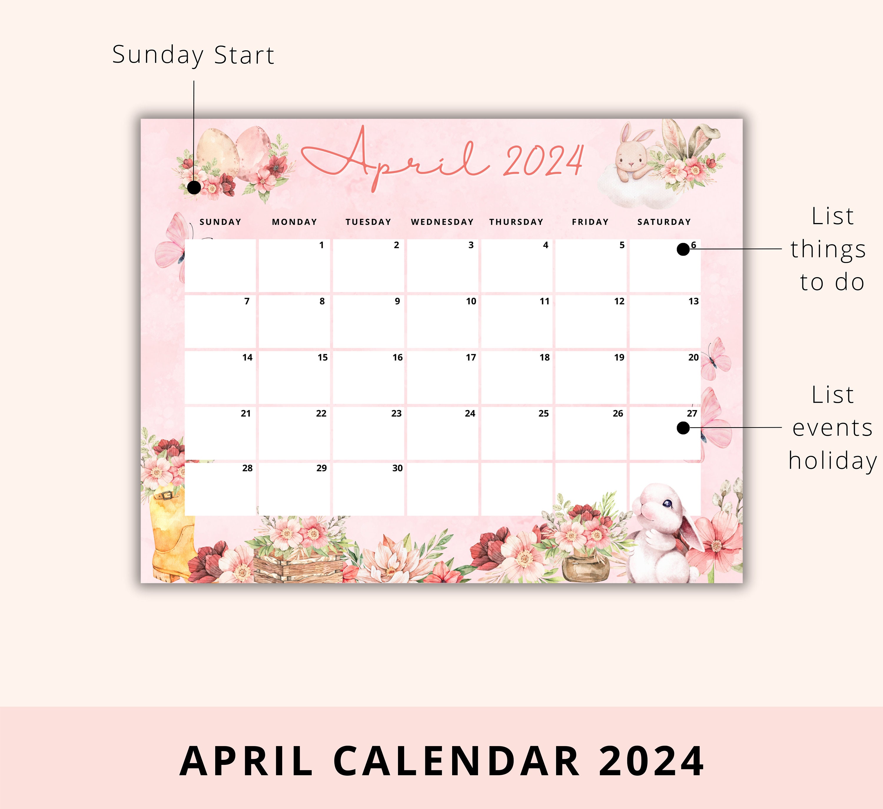 Editable April Calendar 2024, Easter Planner, Pink Cute Rabbit ...